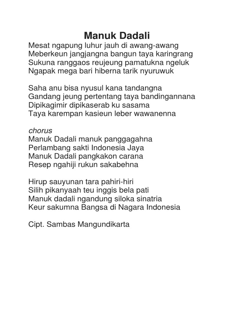 Lirik Lengkap Lagu Manuk Dadali | PDF