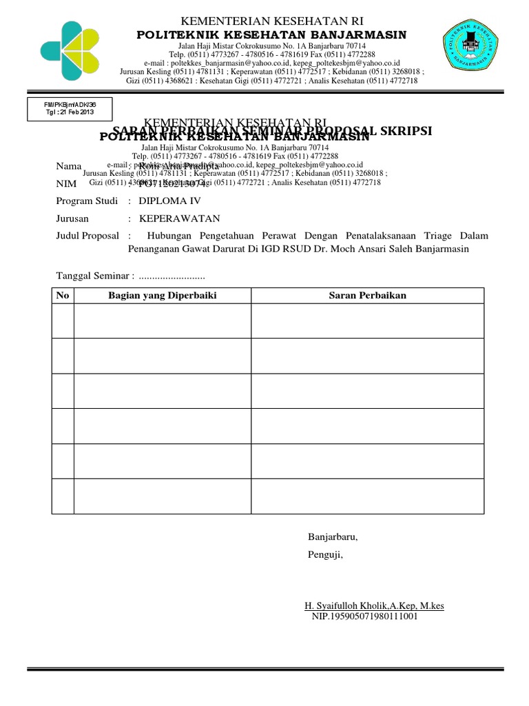 Form - Saran Perbaikan Seminar Proposal Skripsi (1 Kali) | PDF