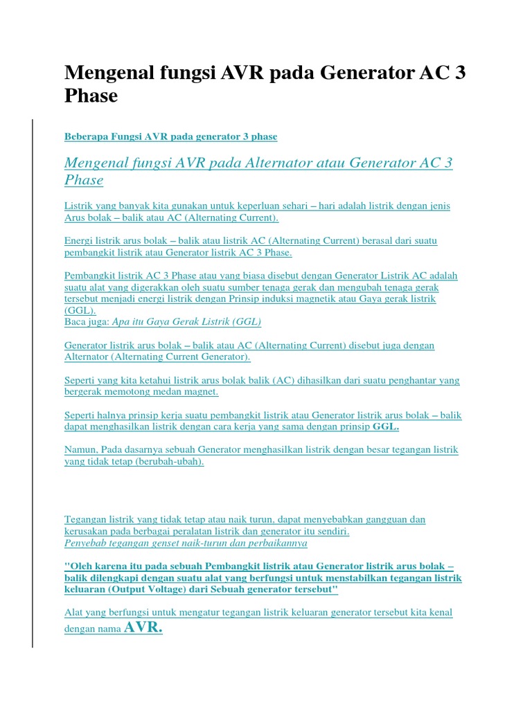 Fungsi AVR pada Generator AC 3 Phase | PDF