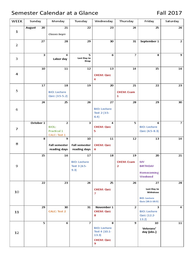 Semester Calendar Fall 2017 | PDF | Academic Term | Observances