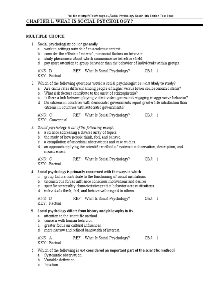 Social Psychology Test Bank Overview | PDF | Social Psychology ...