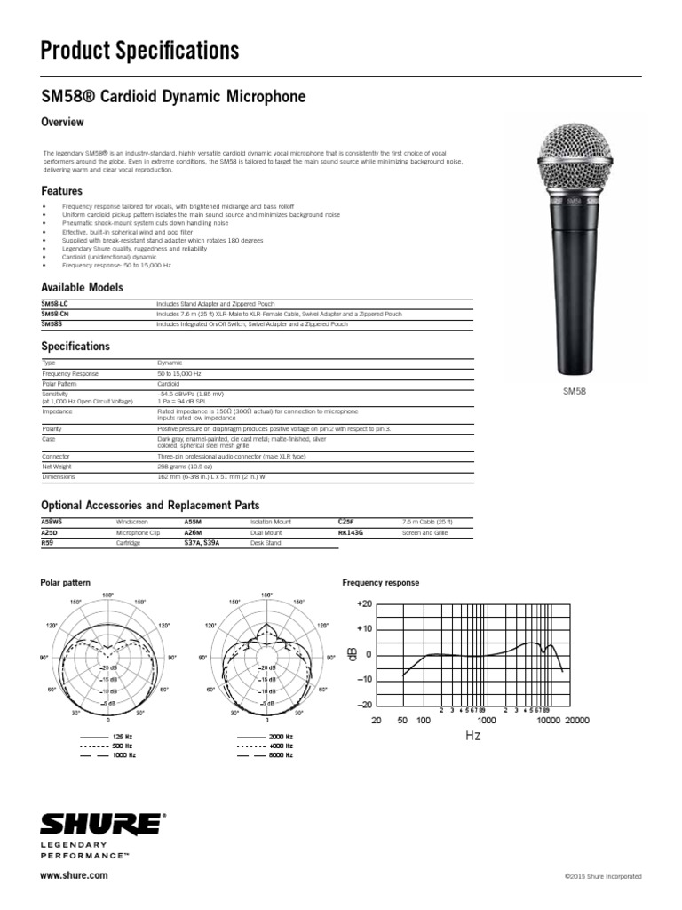 sm58 Specification Sheet English PDF | PDF | Microphone | Electricity