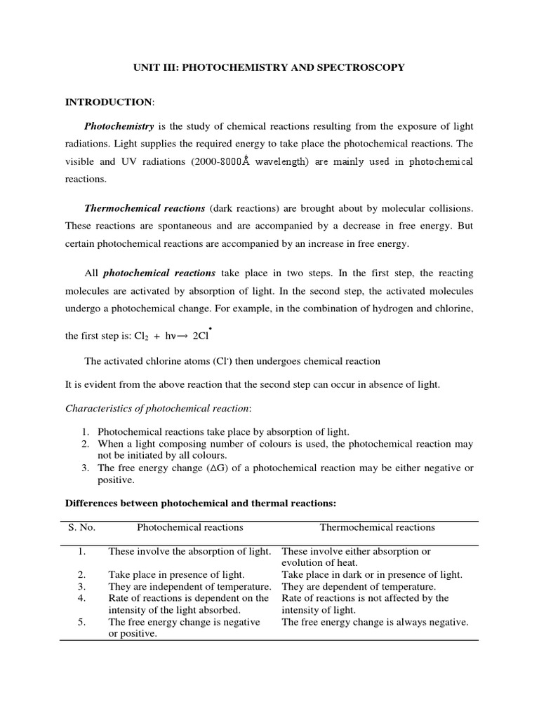 UNIT III - Photochemistry | PDF | Spectroscopy | Photochemistry
