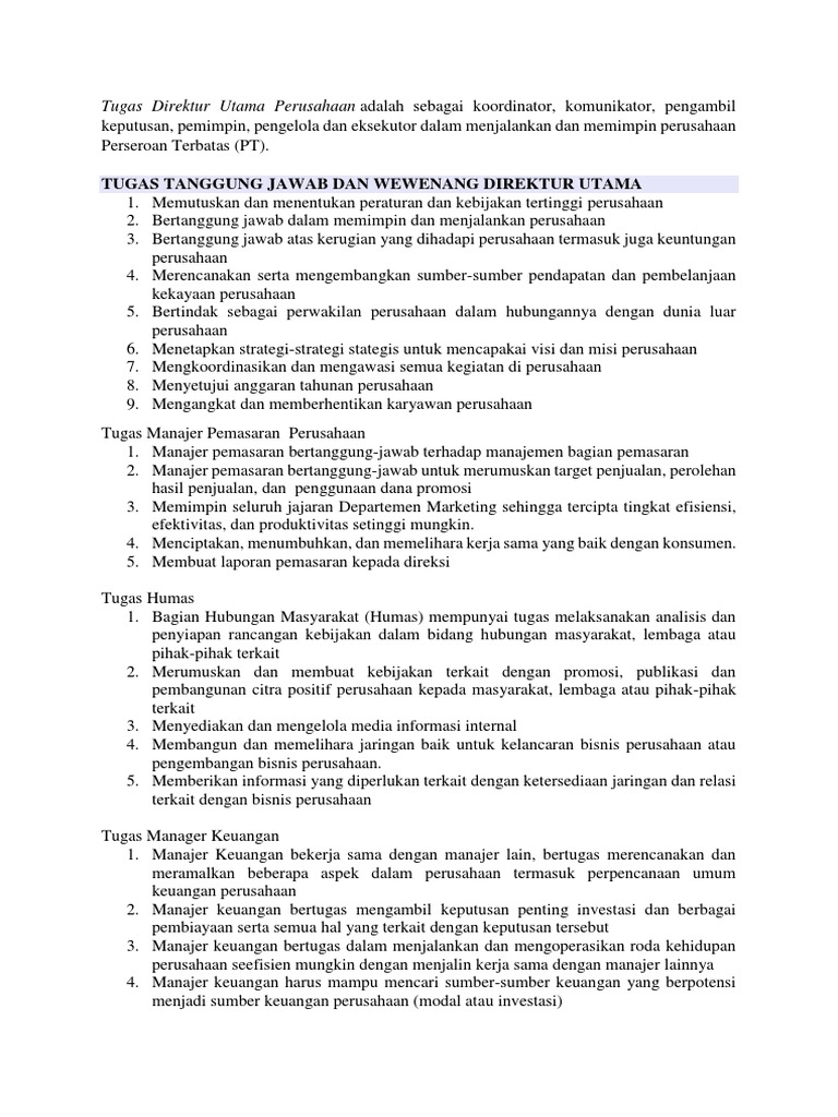 Tugas Direktur Utama Perusahaan | PDF