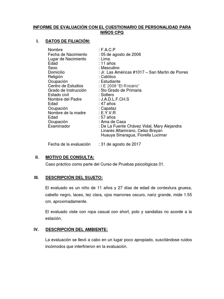 Informe de Evaluación Con El Cuestionario de Personalidad para Niños CPQ | PDF