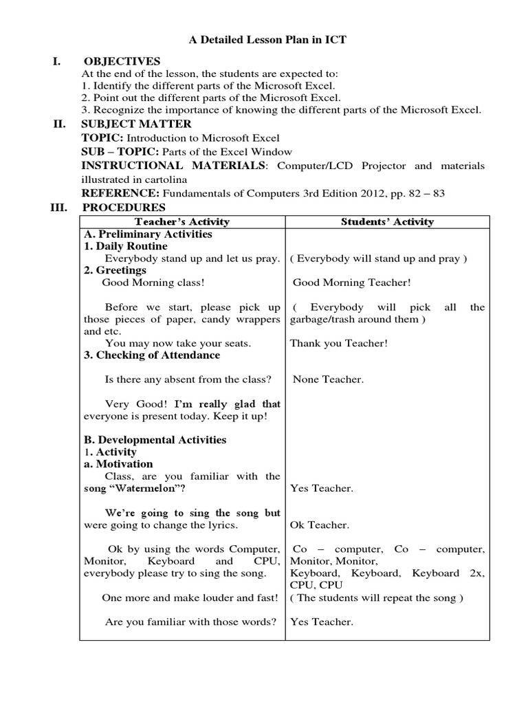 A Detailed Lesson Plan in ICT | PDF | Microsoft Excel | Spreadsheet