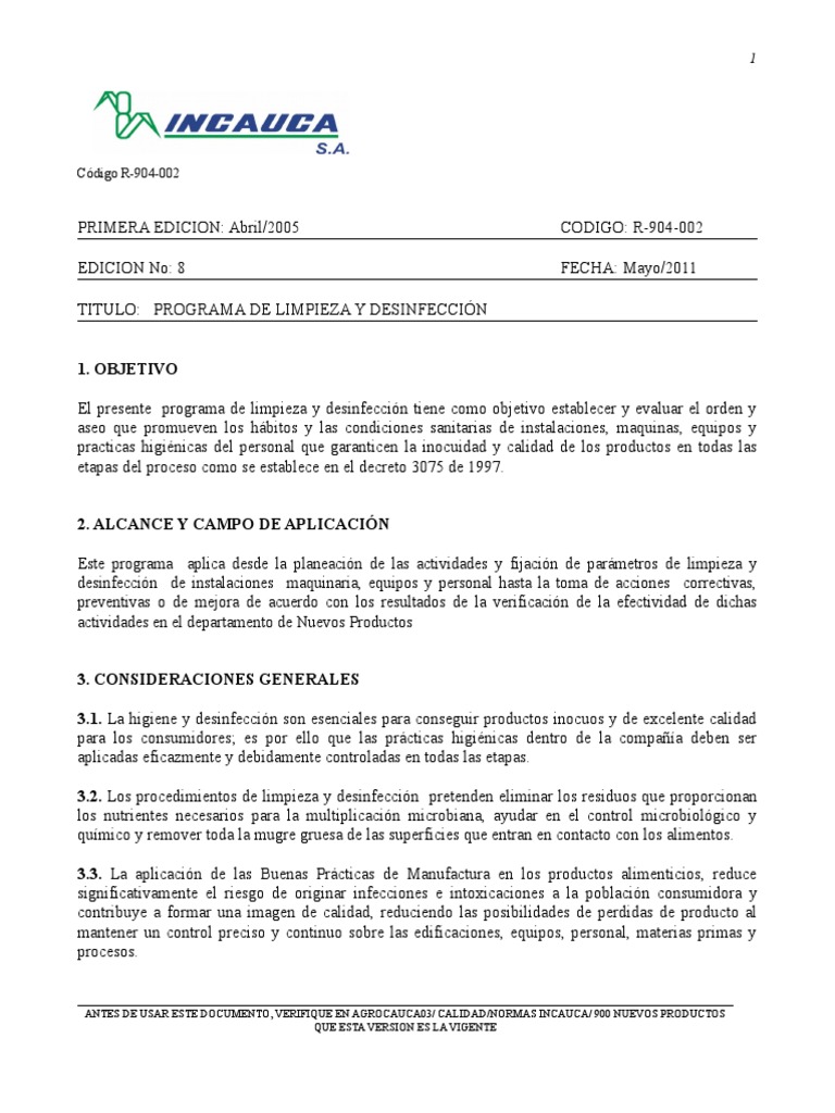 R-904-002 Programa de Limpieza y Desinfección | PDF | Detergente | Agua