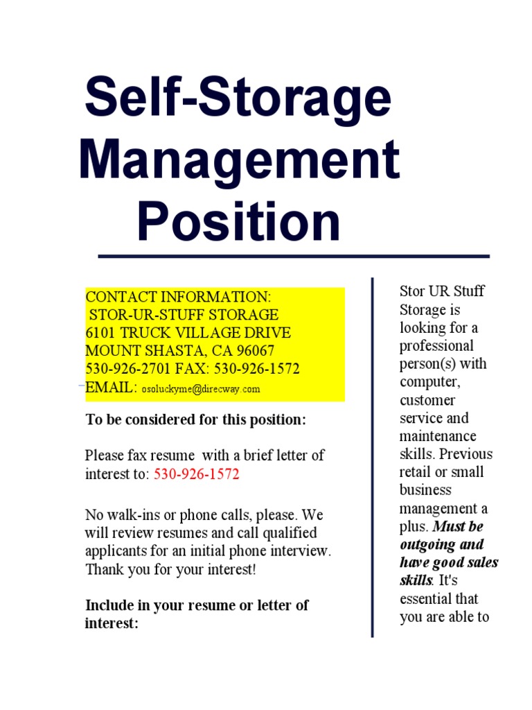 Self-Storage Manager Job Opening | PDF | Employment | Economies