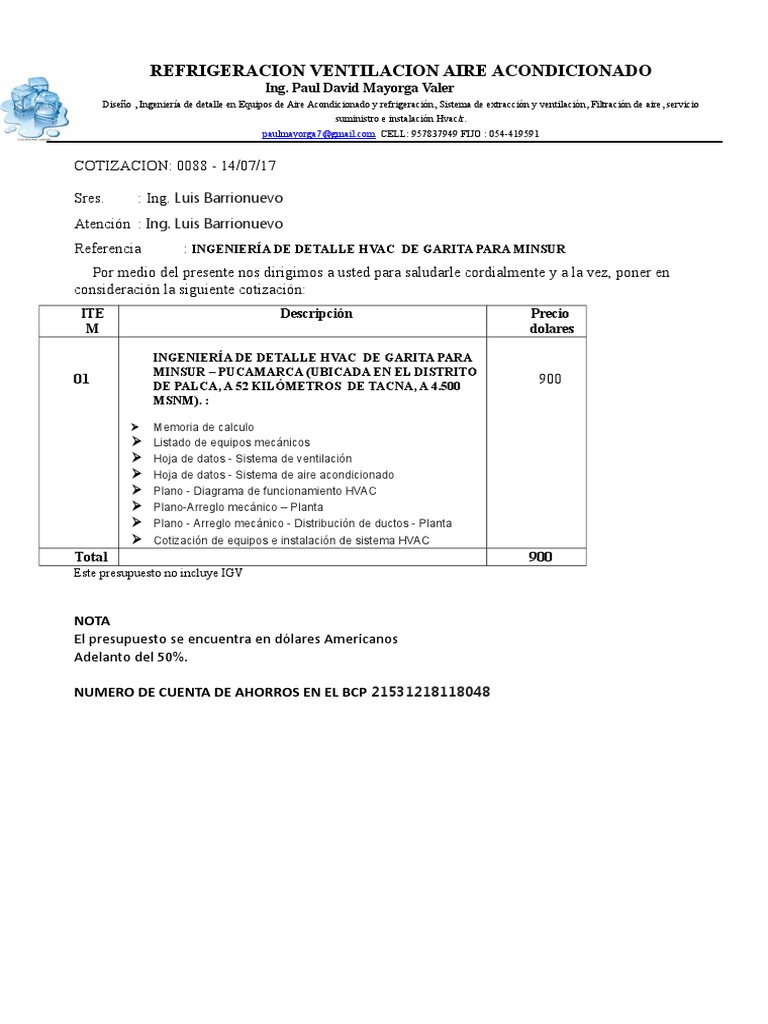 Cotizacion 008 - Diseño Sistema Hvac - Minsur | PDF
