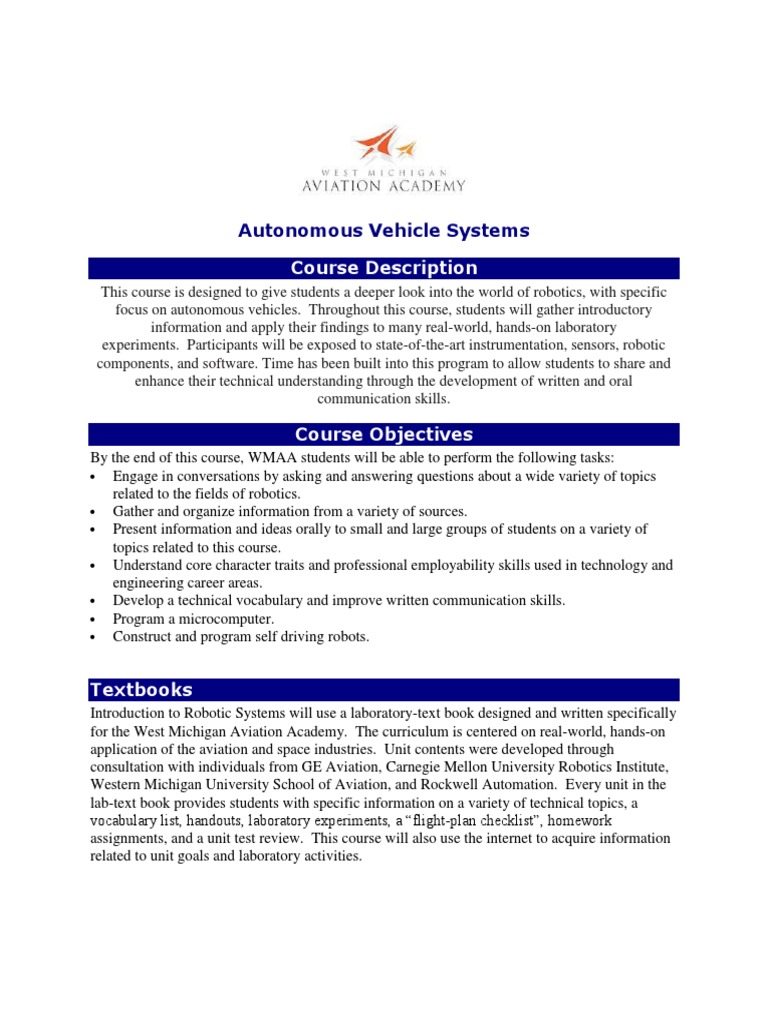 Autonomous Vehicle Systems Syllabus | PDF | Grading (Education) | Learning