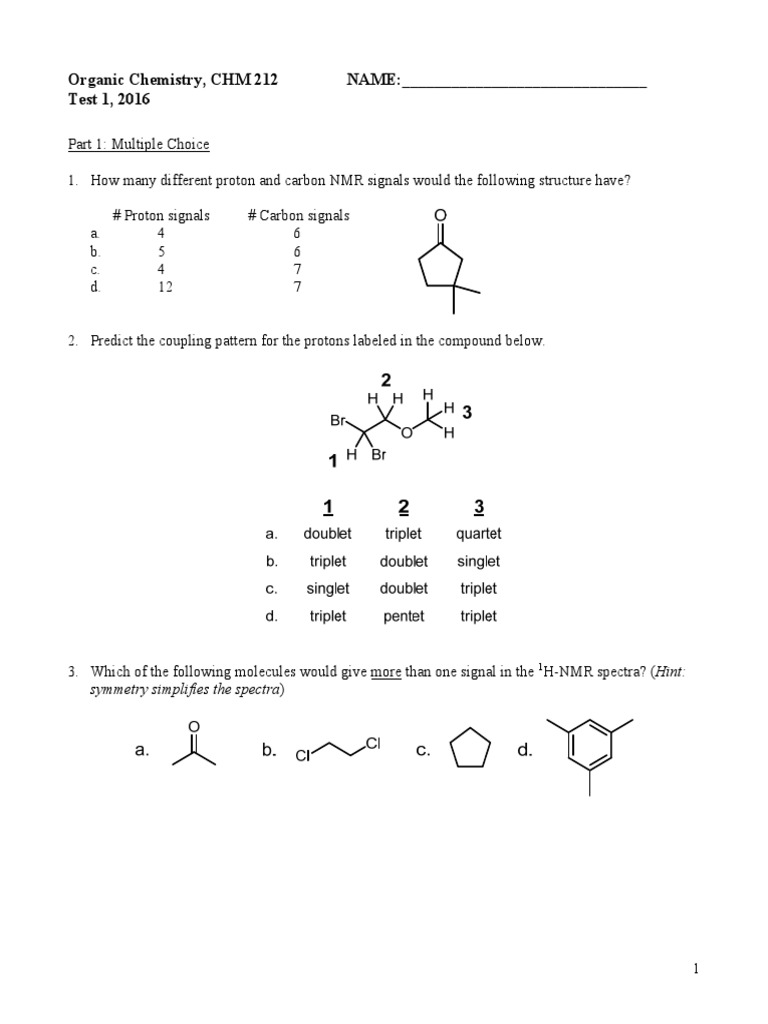 Organic Chemistry Test 1 | PDF | Nuclear Magnetic Resonance ...