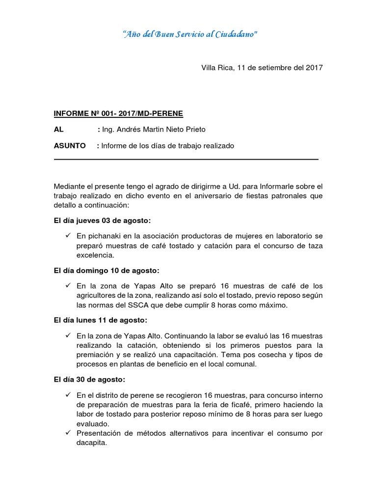 Informe de Trabajo #001 Informe de Los Días de Trabajo Realizado | PDF