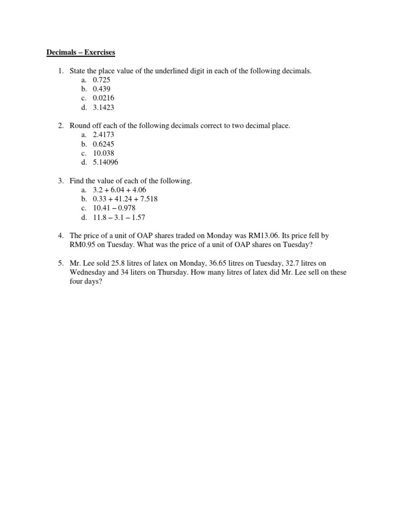 Decimals Exercises | Download Free PDF | Litre | Energy And Resource