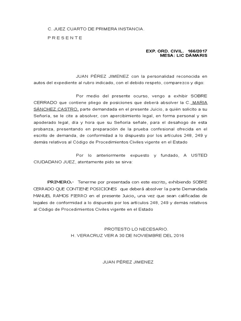 Escrito para Ofrecer Prueba Confesional | PDF