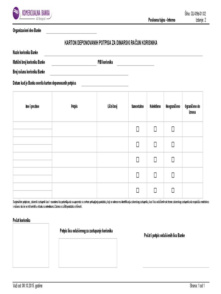 Karton Deponovanih Potpisa Za Dinarski Racun | PDF