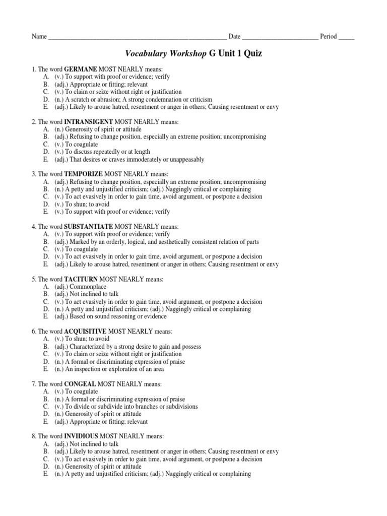 Vocabulary Workshop G Unit 1 Quiz | PDF | Anger | Emotions