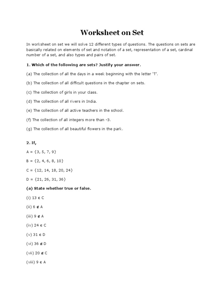 Worksheet On Set and Venn Diagram | PDF | Prime Number | Alphabet