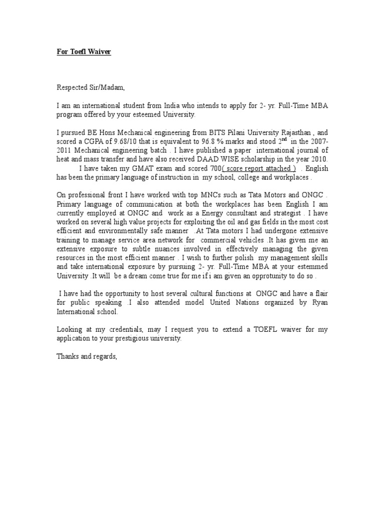 TOEFL Waiver Request for MBA Application | PDF