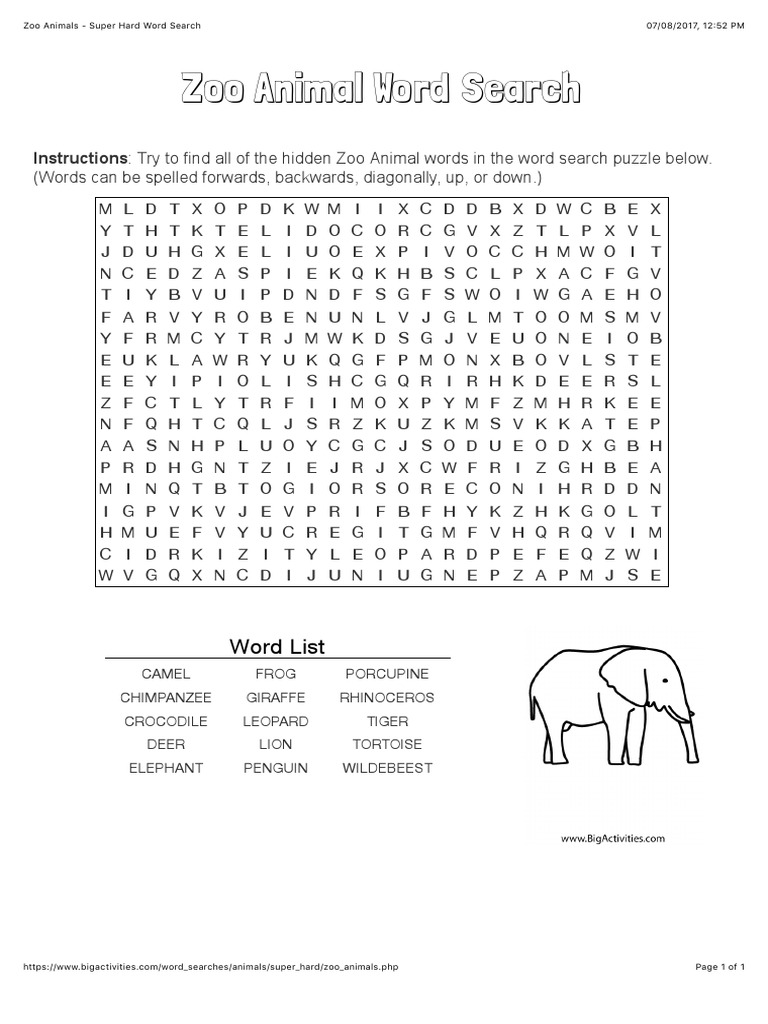 Zoo Animals - Super Hard Word Search | PDF | Word Search | Leisure