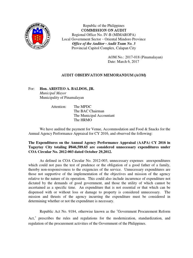 AOM 2017-018 Annual Agency Performance Appraisal Expenses SA Reviewed ...