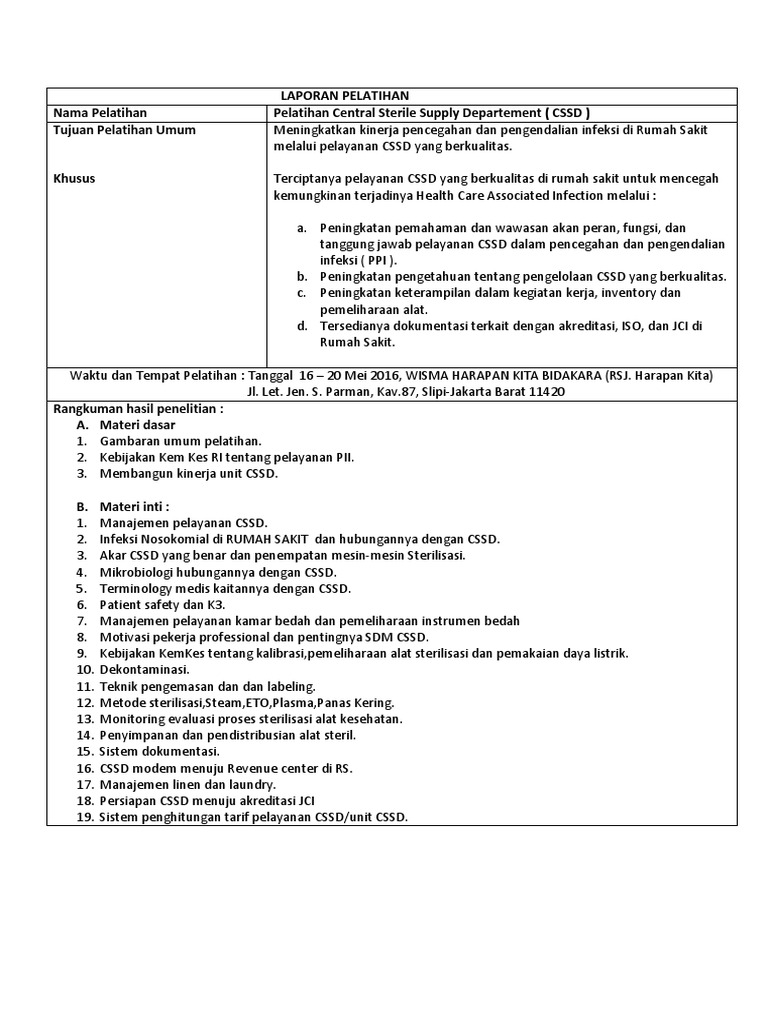 Laporan Pelatihan CSSD 2016 | PDF