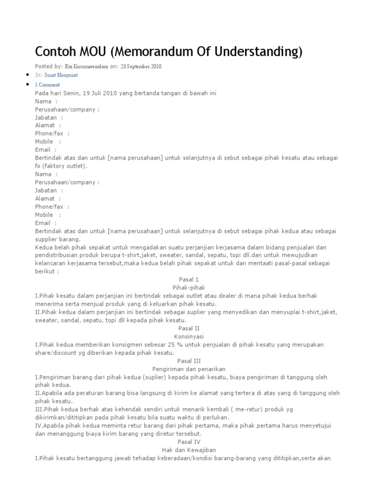 Contoh MOU Kerjasama Supplier | PDF