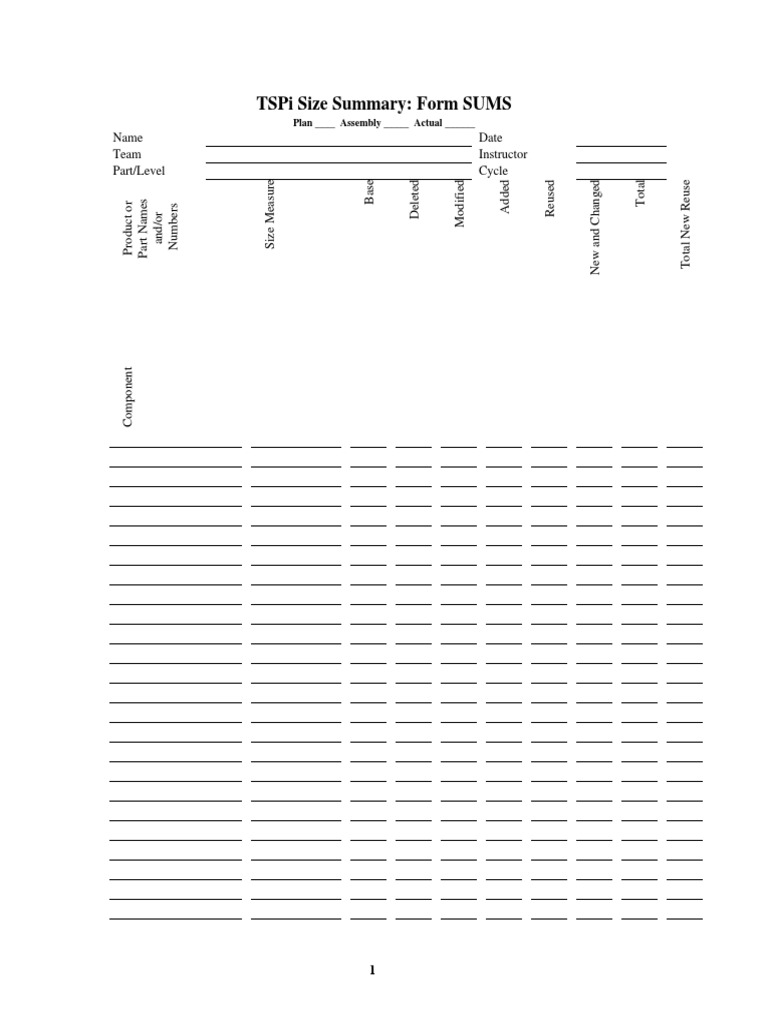 A Concise Summary of Component Sizes for a Product Assembly: A TSPi Size Summary Form | PDF