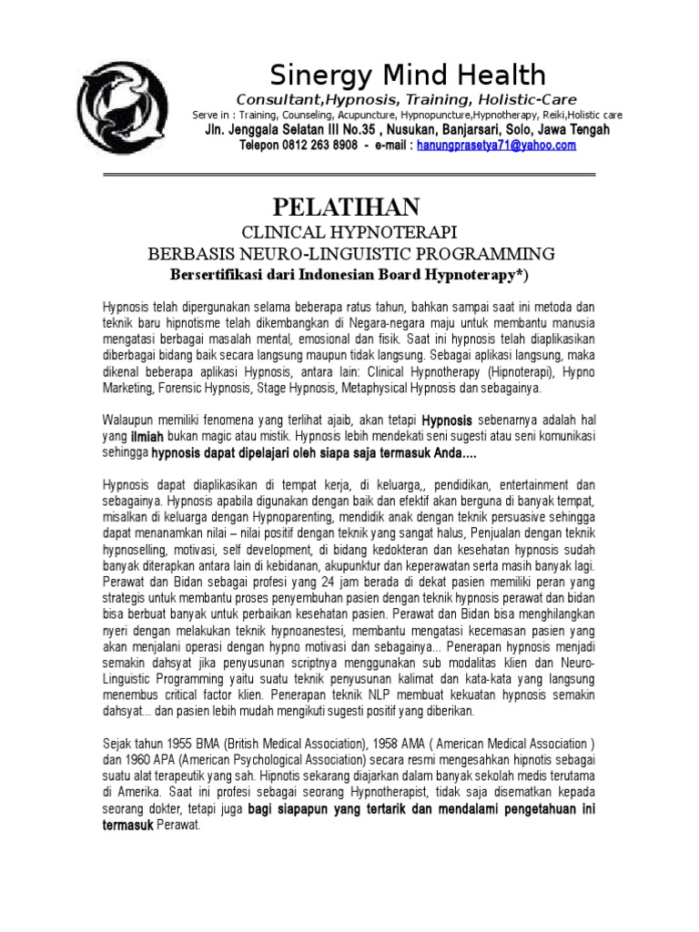 Pelatihan Hipnoterapi Berbasis NLP | PDF | Pengembangan Diri