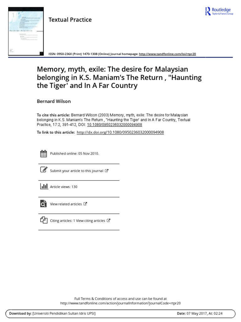 Memory Myth Exile The Desire For Malaysian Belonging in K S Maniam S ...