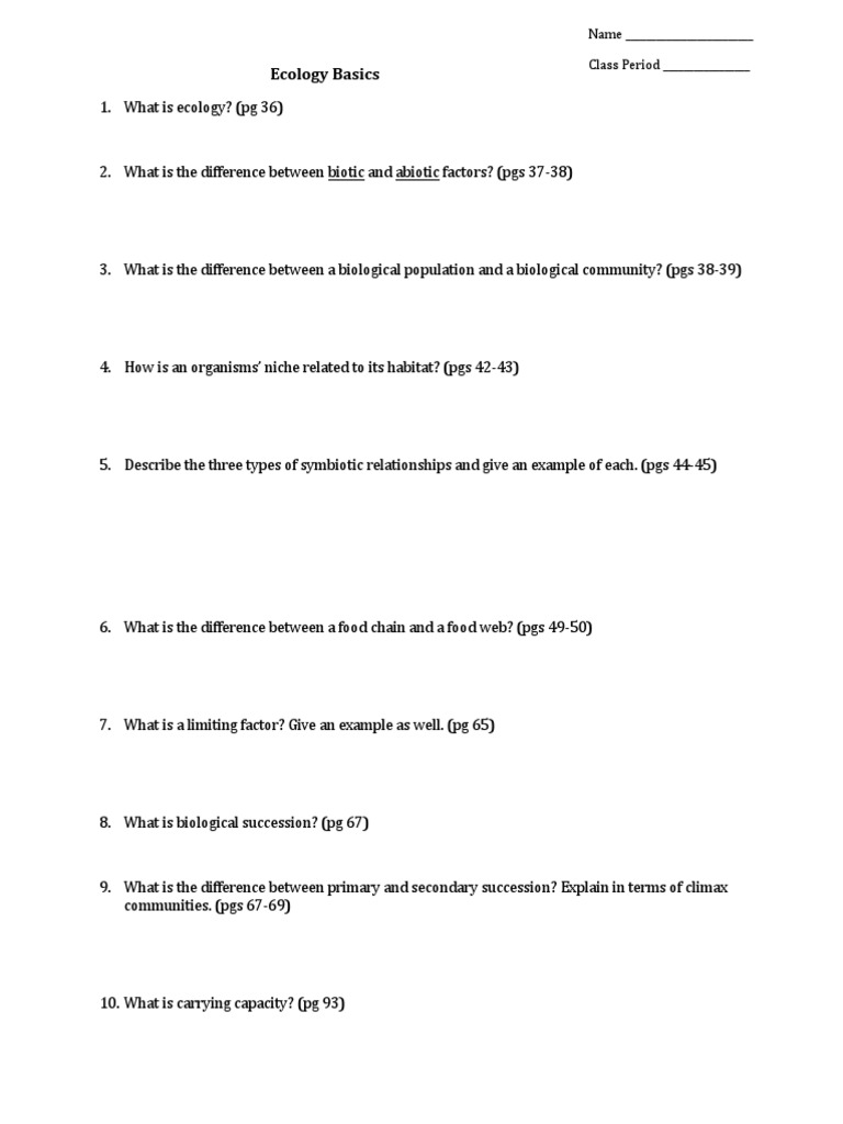 Ecology Basics: Name - Class Period | PDF