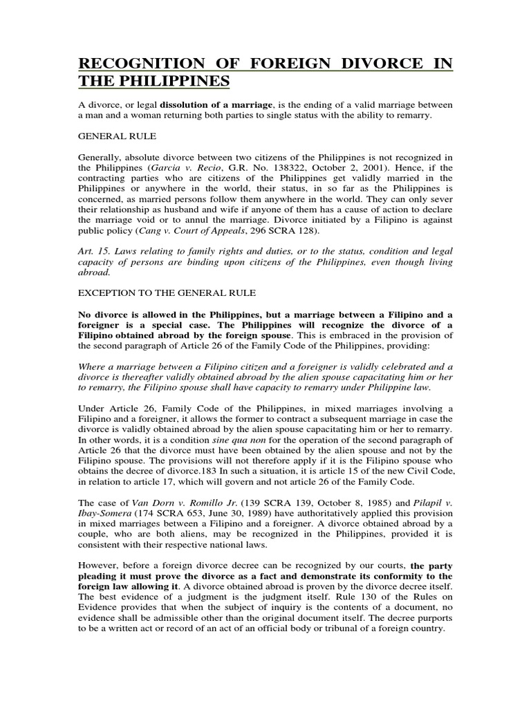 Recognition of Foreign Divorce in The Philippines Draft | Divorce ...