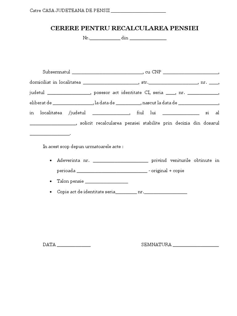 Catre CASA JUDETEANA de PENSII - Cerere Recalculare Pensie | PDF