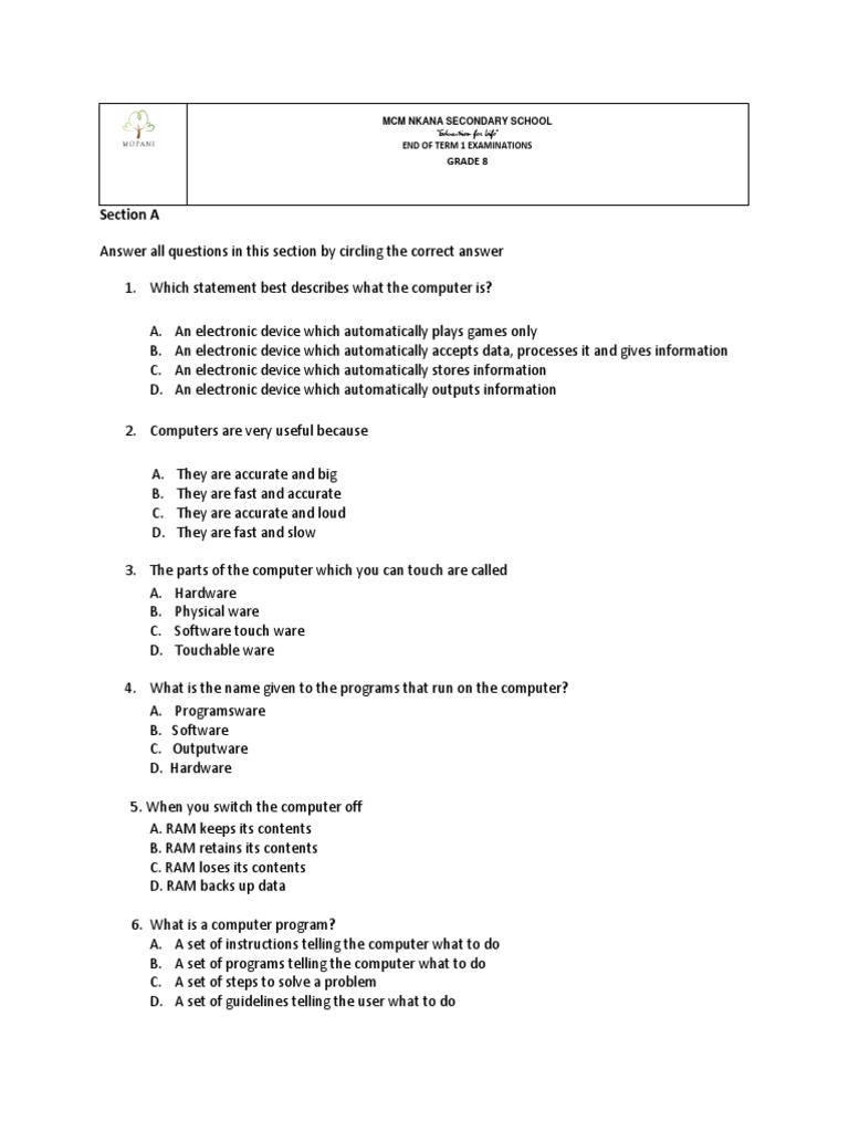 Grade 9 Computer Studies end of term.docx | Computer Hardware ...