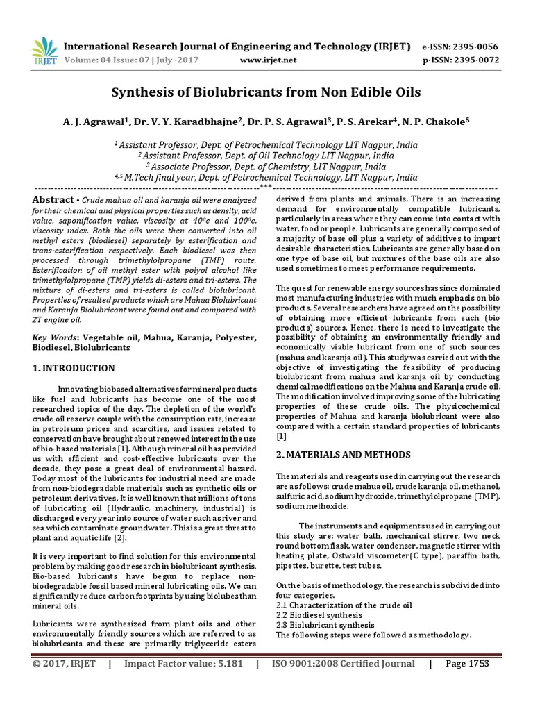 Synthesis of Biolubricants From Non Edible Oils | PDF | Lubricant ...