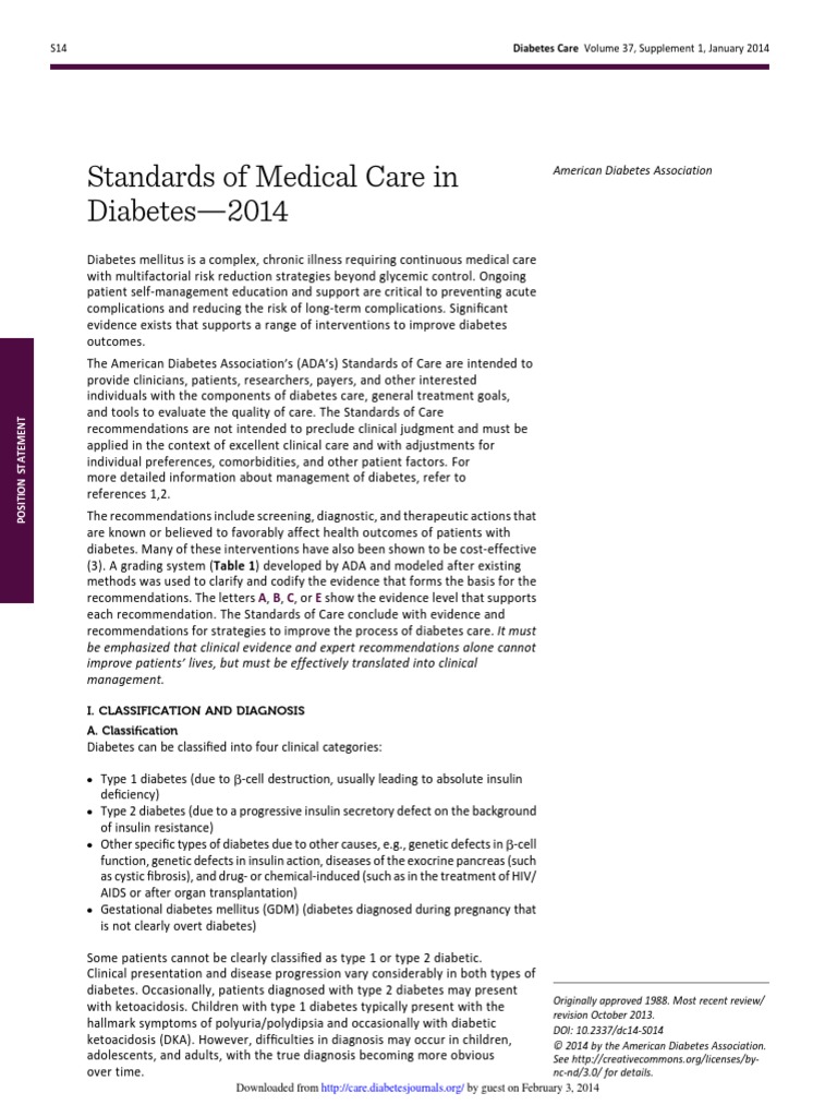 Diabetes Mellitus Ada 2014 Standards of Medical Care in Diabetes ...