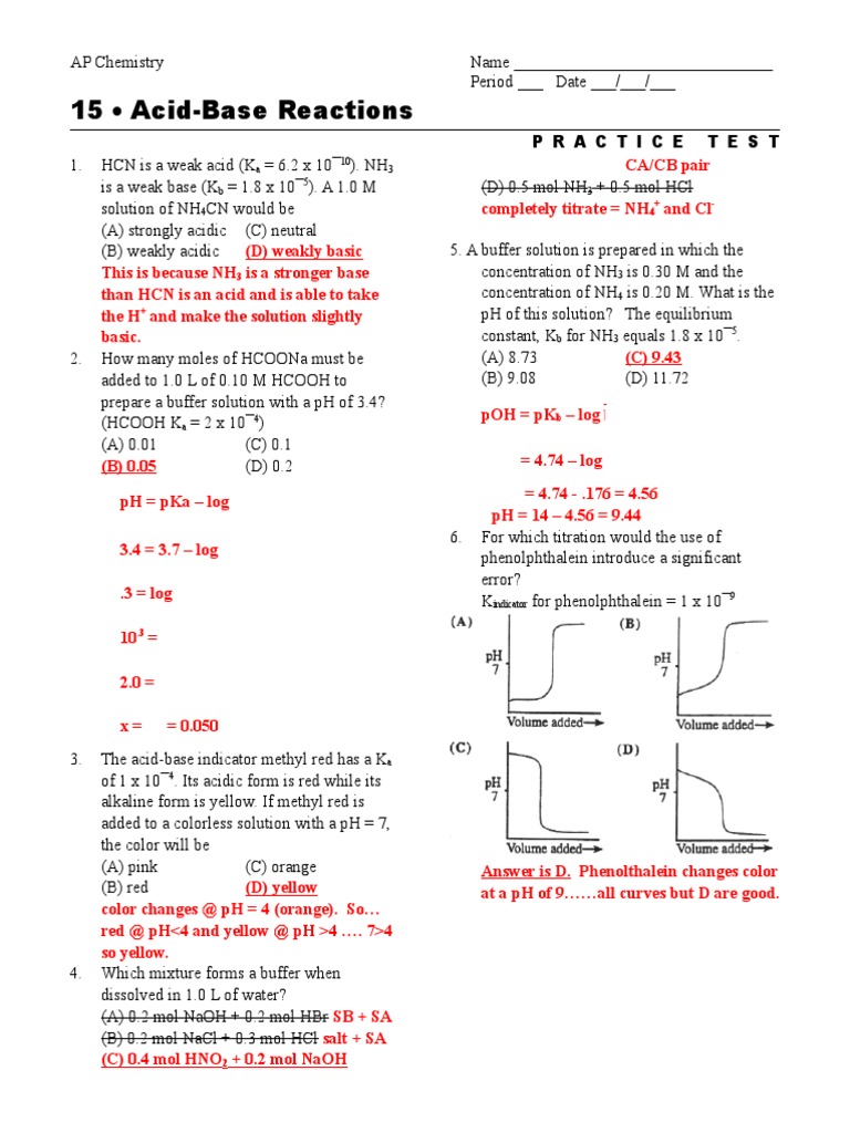 Acid-Base Practice Test: Answers and Explanations | PDF | Ph | Titration