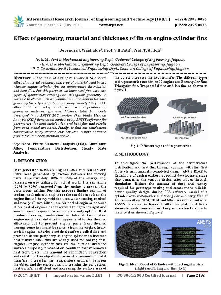 Effect of Geometry, Material and Thickness of Fin on Engine Cylinder ...
