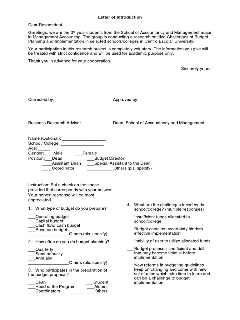 Sample Questionnaire | PDF | Budget | Business