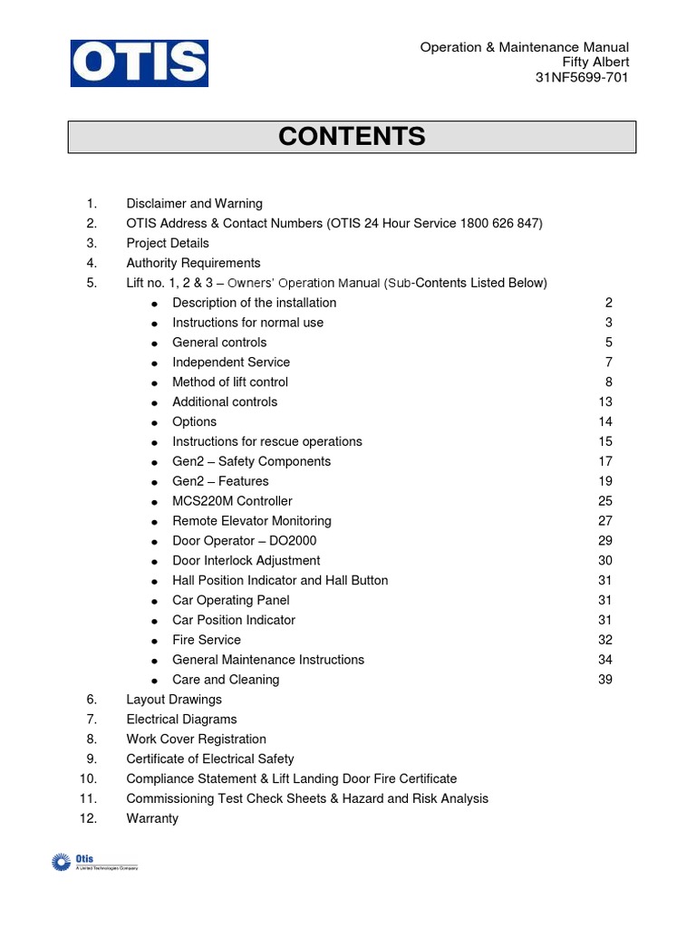 Otis Elevator Operation & Maintenance Manual | PDF | Elevator | Wire