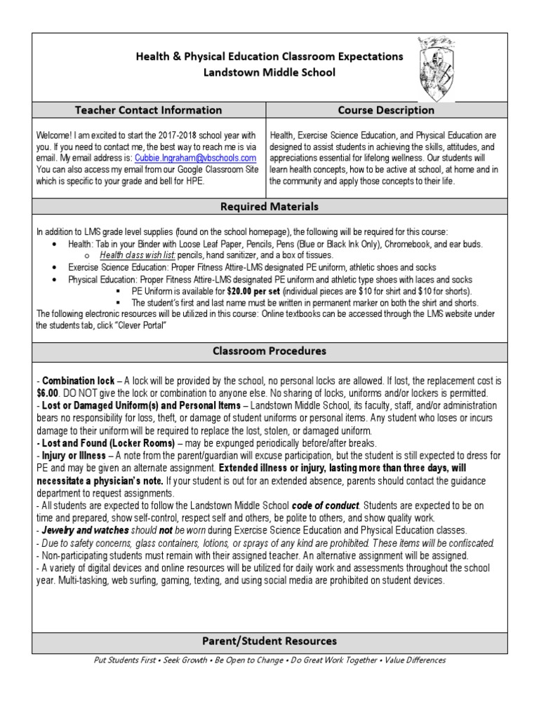 Lms Course Expectations 2017-2018 | PDF | Physical Education | Homework