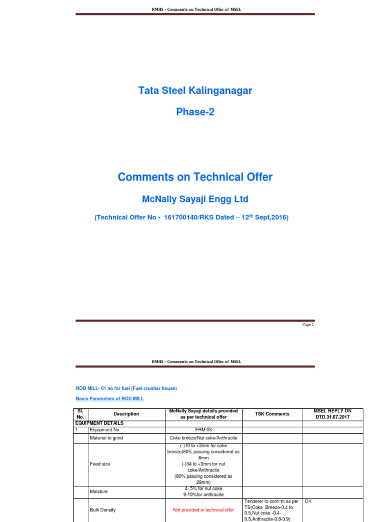 RMHS Comments on MSEL Technical Offer | PDF | Mill (Grinding) | Bearing (Mechanical)