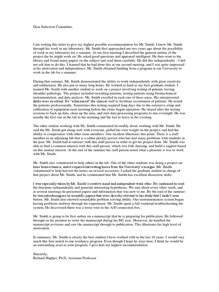 Dear Selection Committee | Laboratories | Patient