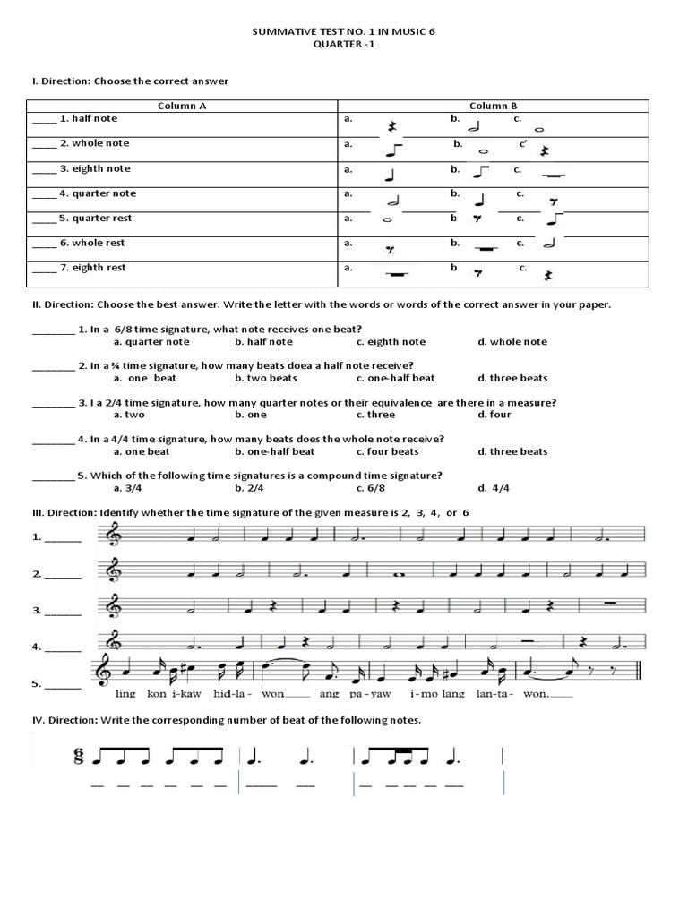 Summative Test No. 1 .Music6 | Elements Of Music | Music Theory