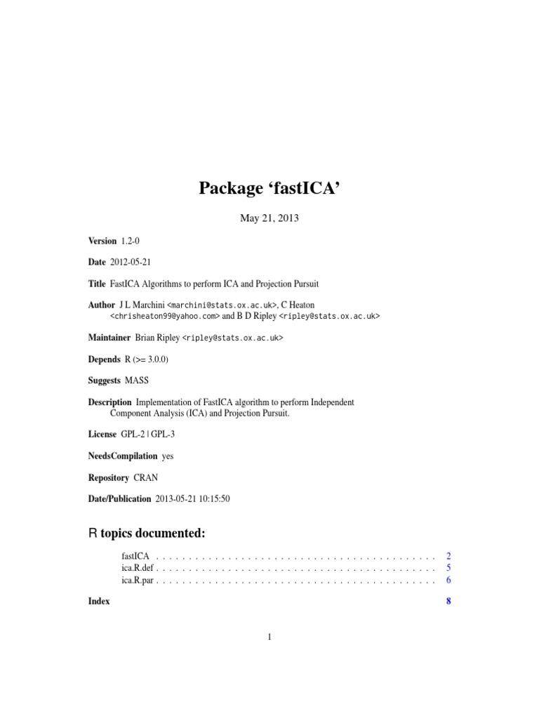 Package Fastica': R Topics Documented | PDF | Principal Component Analysis | Matrix (Mathematics)