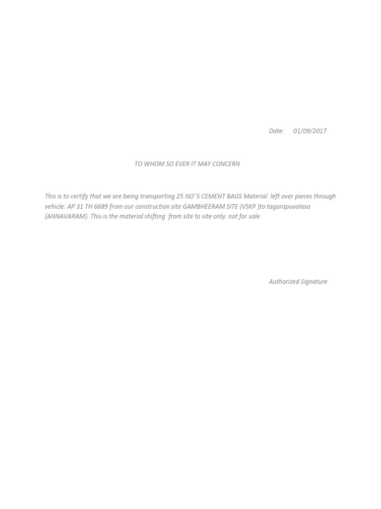 Material Shifting Certificate Letter | PDF