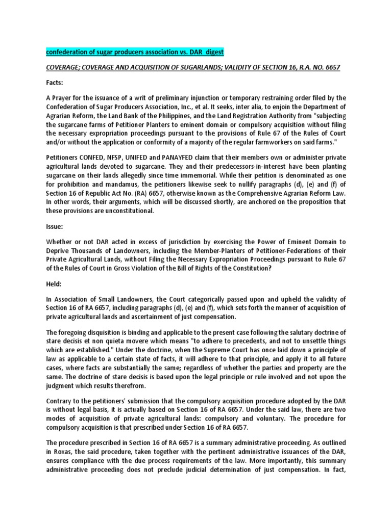 Confederation of Sugar Producers Association vs. DAR - Digest | PDF ...