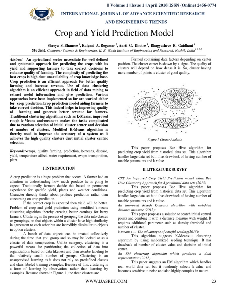 Crop and Yield Prediction Model | Cluster Analysis | Evapotranspiration