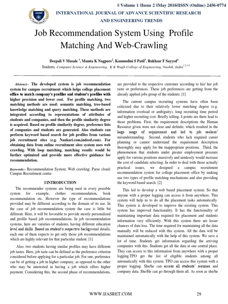 Job Recommendation System Using Profile Matching and Web-Crawling | PDF ...