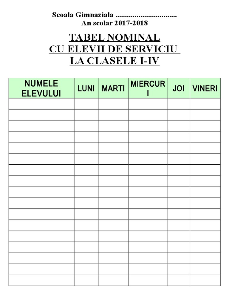 Tabel Serviciu Clasei 2017-2018