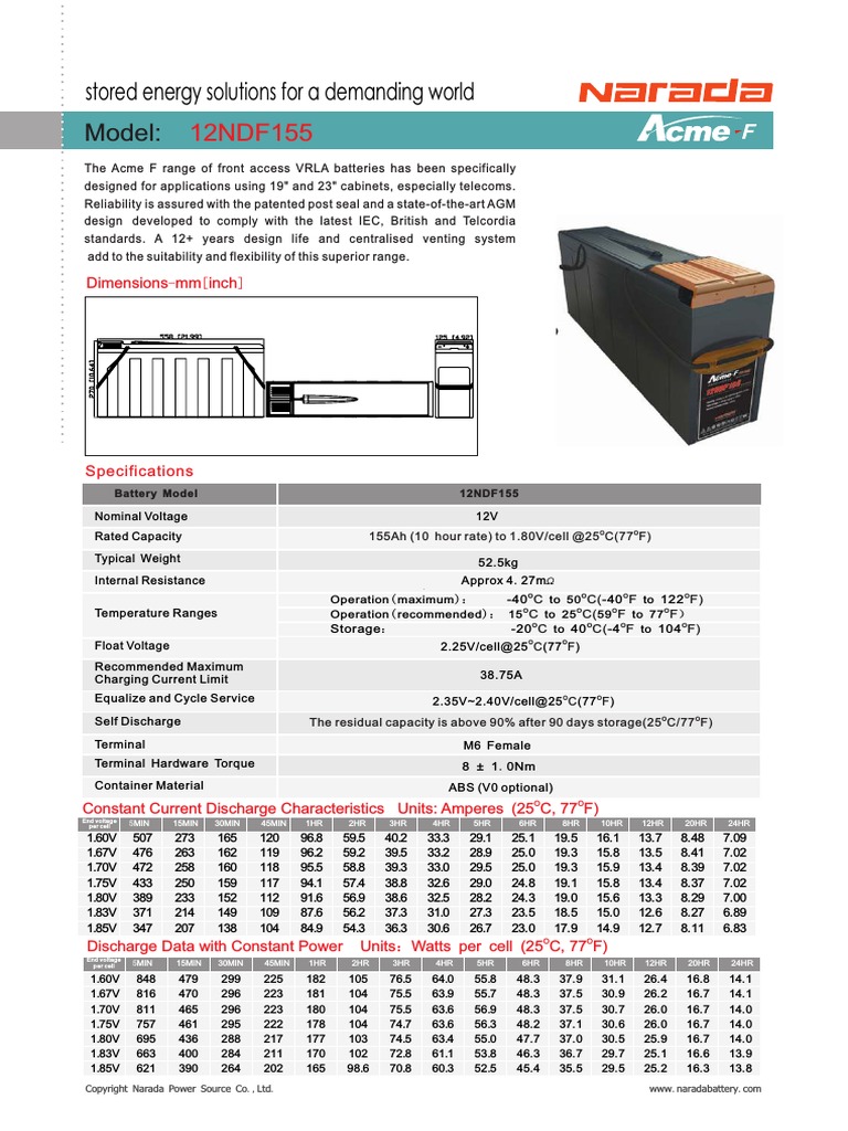 Datasheet NARADA 12NDF155 PDF | PDF | Battery (Electricity) | Electromagnetism